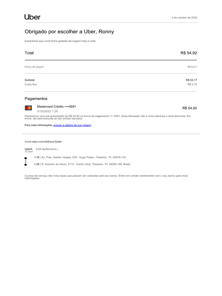 Recibo de Viagem Uber de Ronny | PDF