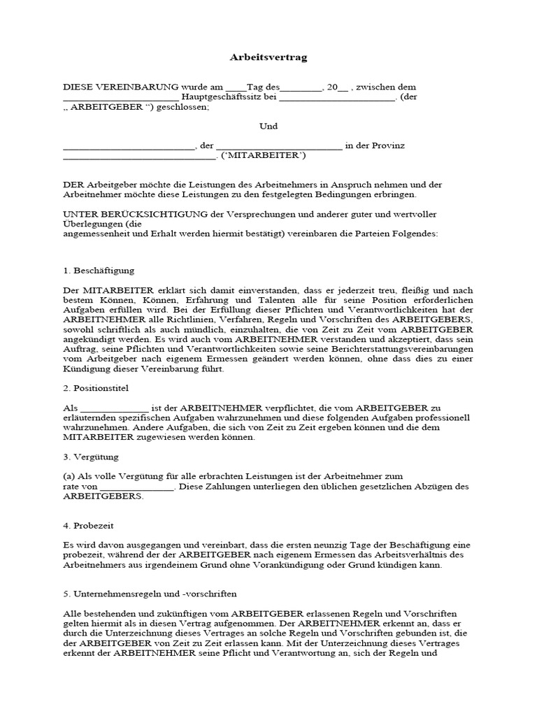 Muster Eines Arbeitsvertrags | PDF