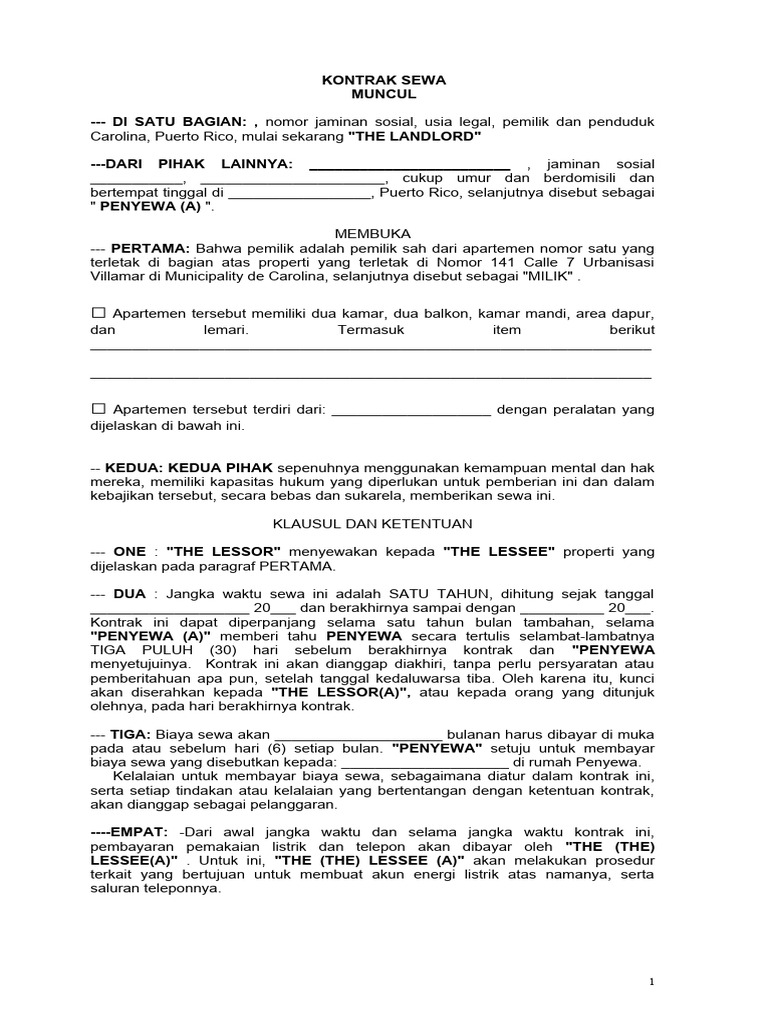 Formulir Perjanjian Sewa | PDF