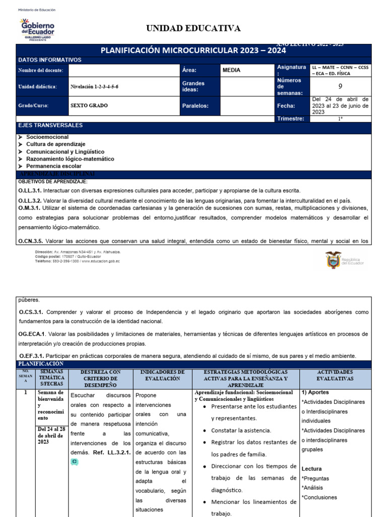 Planificación Semanas 1, 2,3,4,5,6,7,8,9 | Descargar gratis PDF | Aprendizaje | Evaluación