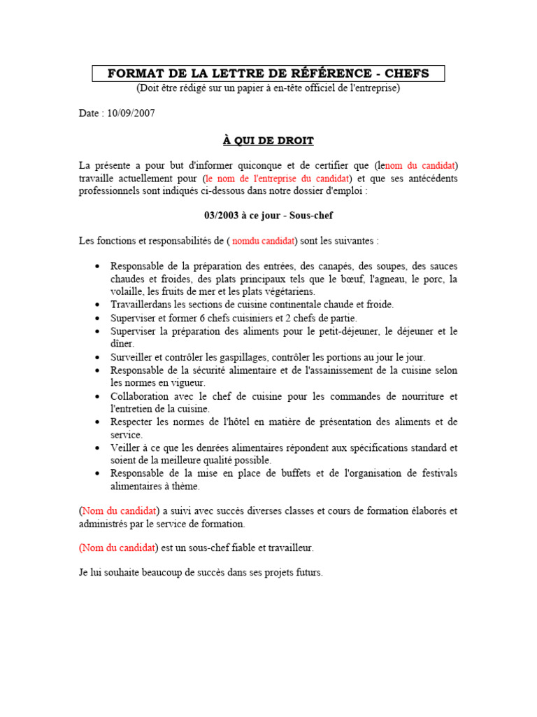 5 Format de Lettre de Référence - Chefs | PDF