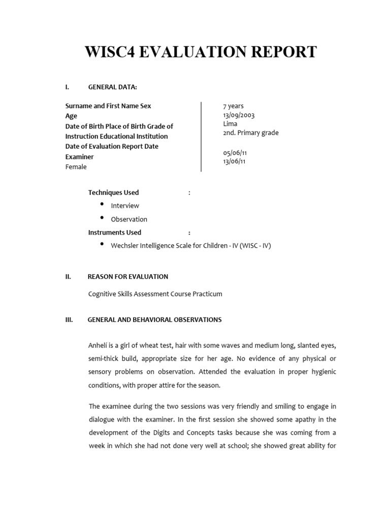 Wisc IV Report | Download Free PDF | Attention | Perception