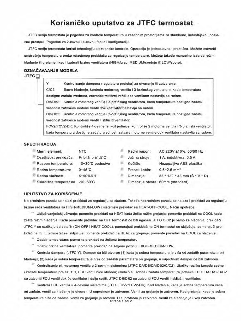Uputstvo Termostat JTFC | PDF