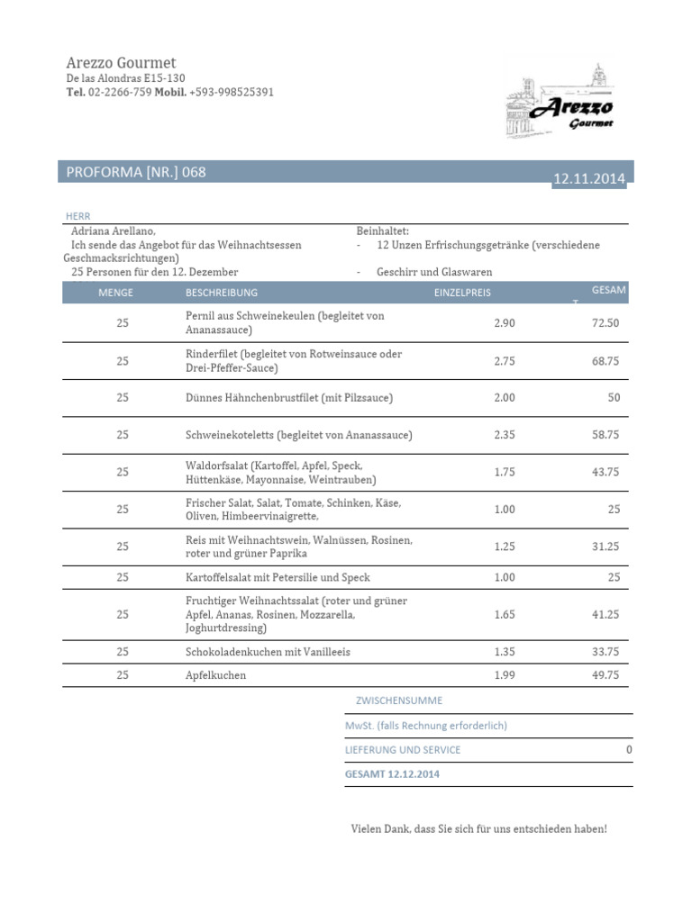 Beispiel für ein Angebot für einen Catering-Service | PDF