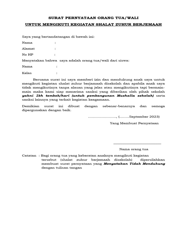 Surat Pernyataan Ortu | PDF