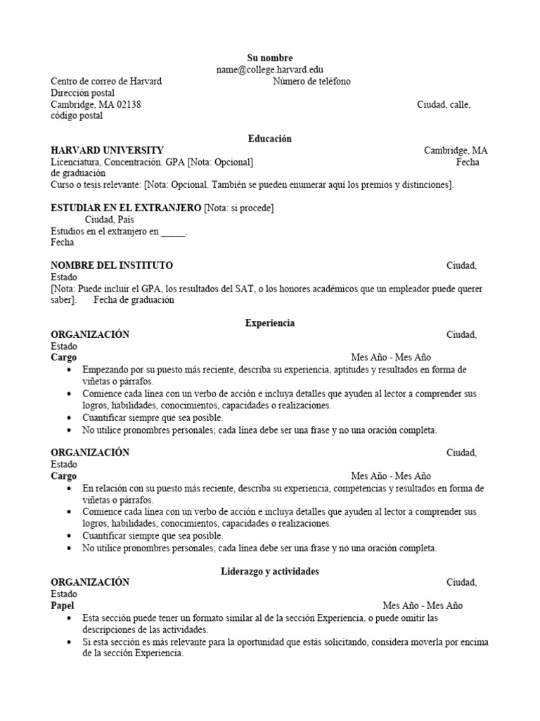 Plantilla de Currículum de Harvard | PDF