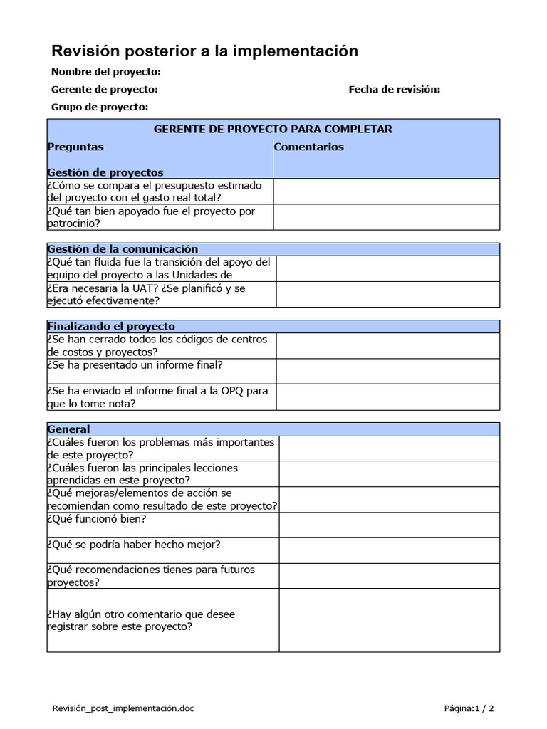 Revisión Post-Implementación de Proyectos | PDF | Presupuesto | Business