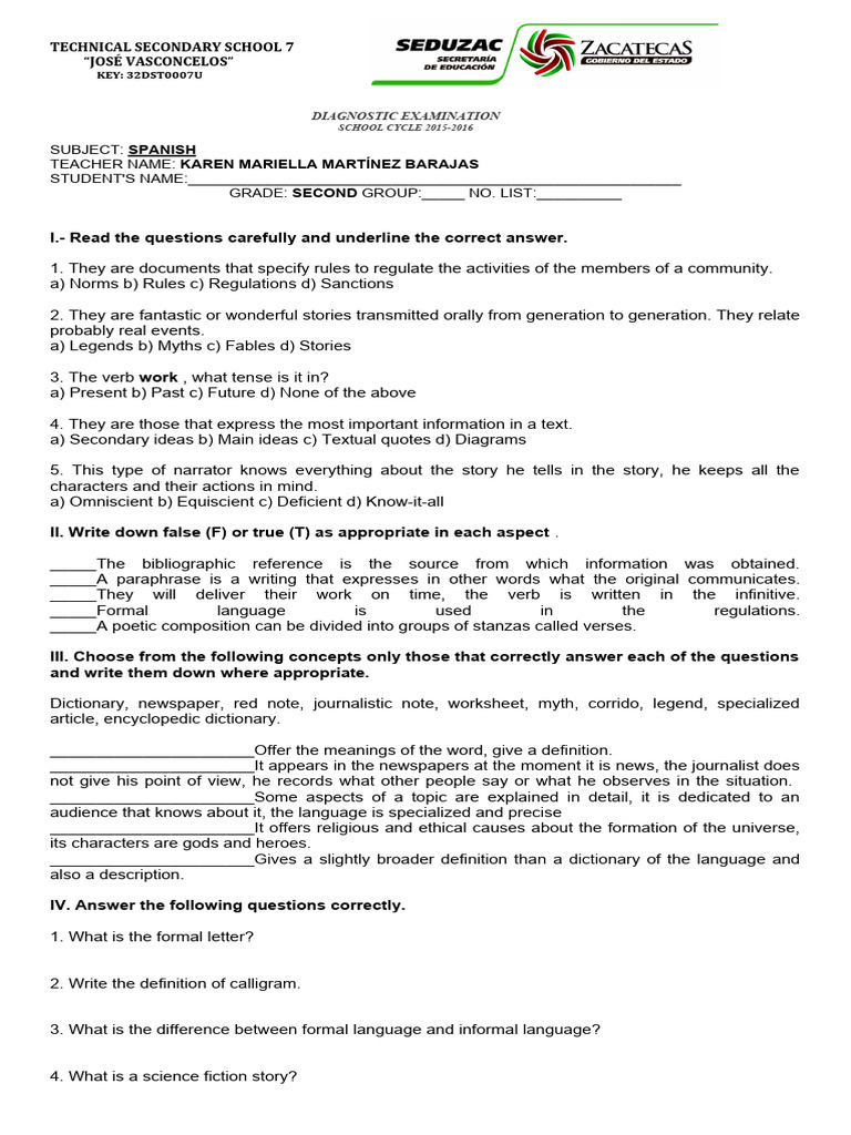 Second Grade Secondary Diagnostic Exam Spanish | PDF