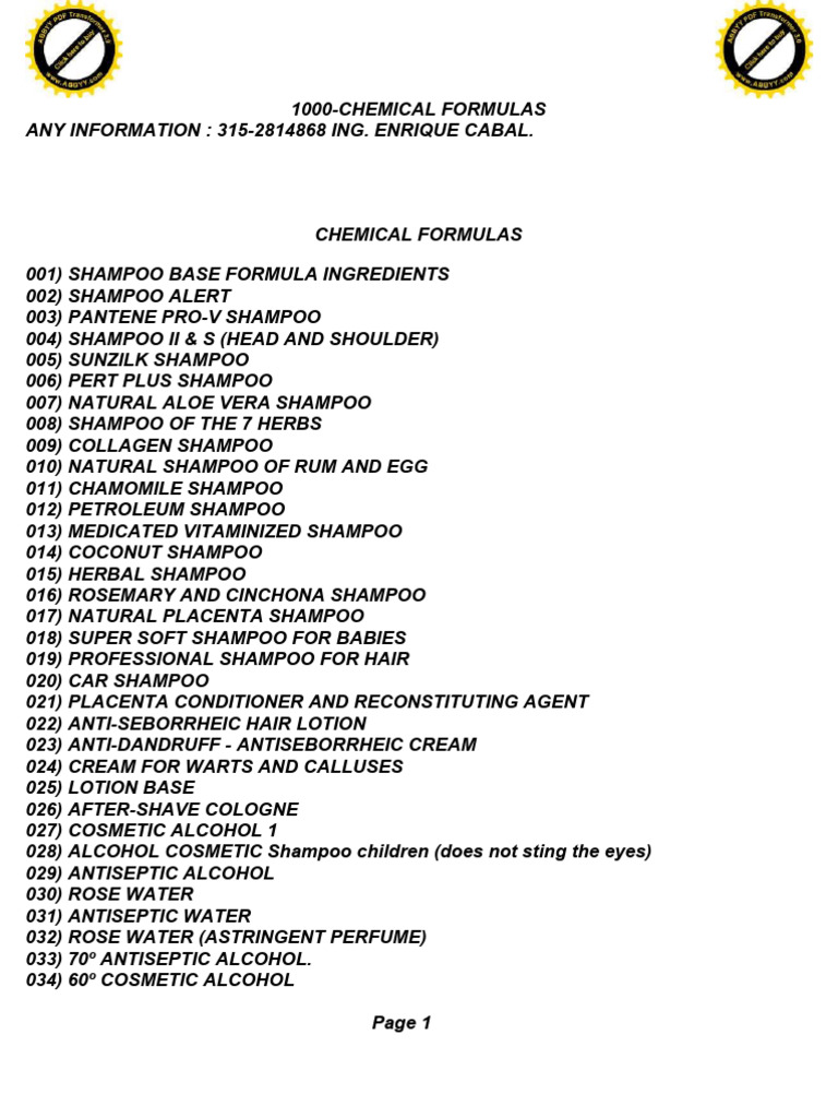 1000 Chemical Formulas - Unlocked | PDF | Shampoo | Perfume