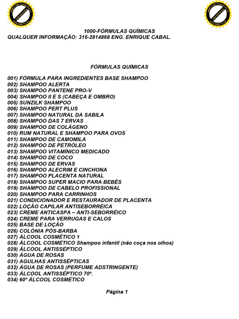 1000 Fórmulas Químicas. Desbloqueadas | PDF | Perfume | Cabelo