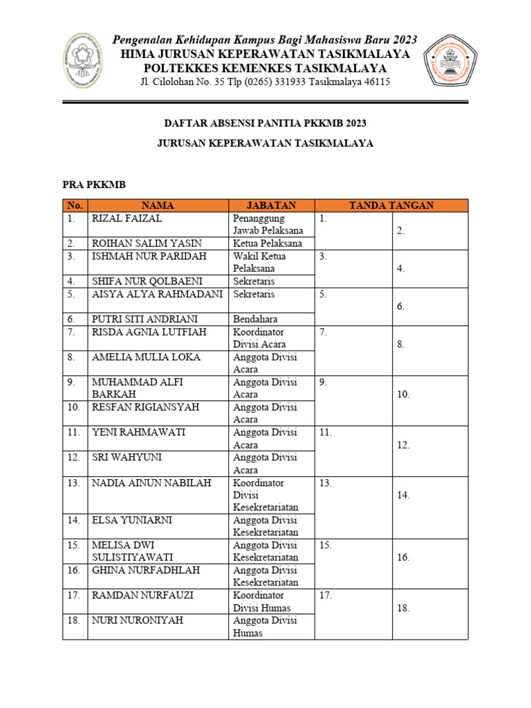 Absensi Pra PKKMB | PDF
