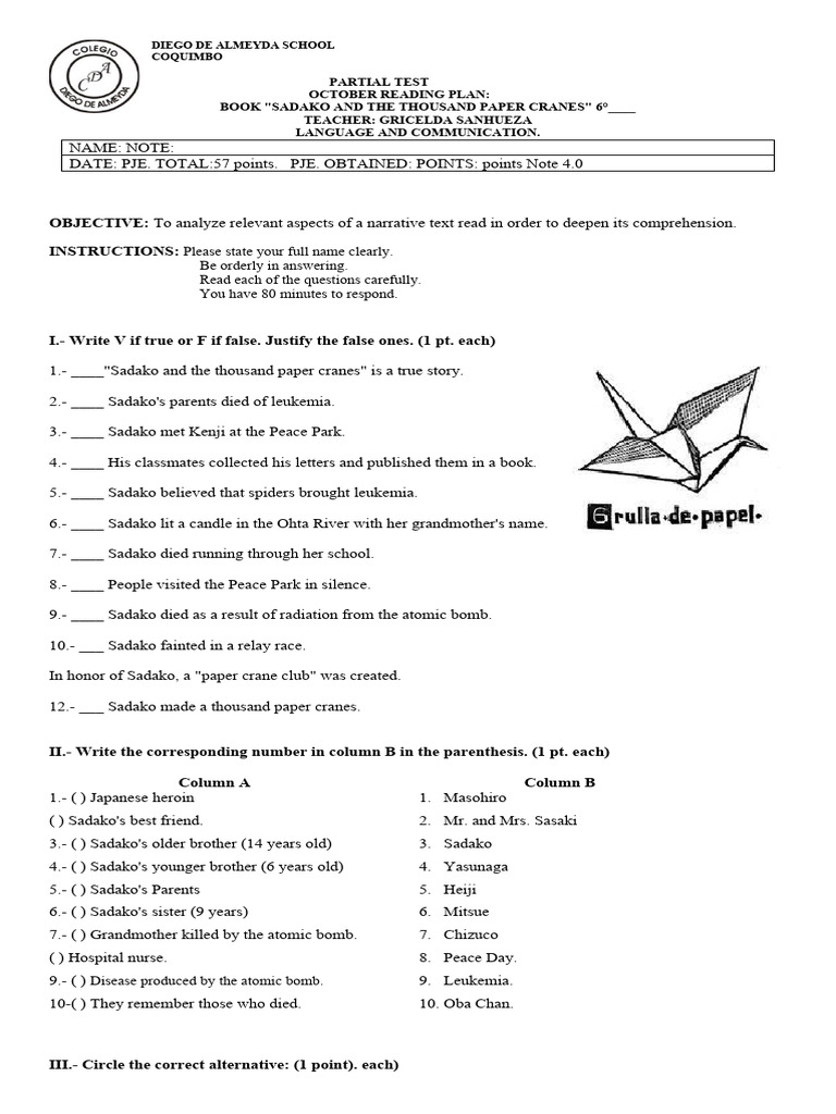 Sadako and the Thousand Paper Cranes Test | PDF