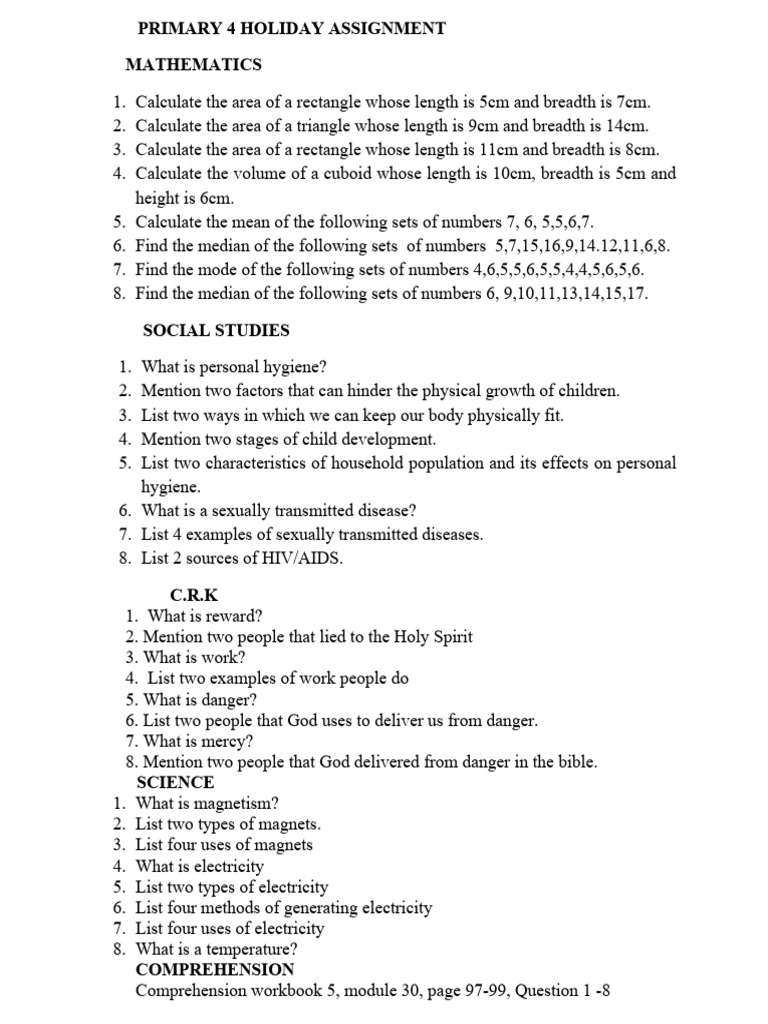 Primary 4 Holiday Assignment Guide | PDF | Science & Mathematics