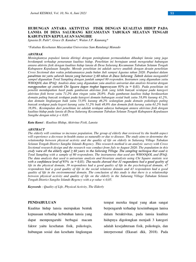 Hubungan Antara Aktivitas Fisik Dengan Kualitas Hidup Pada Lansia Di Desa Salurang Kecamatan ...