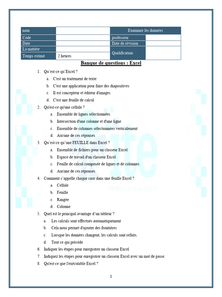 100 Questions Sur Excel | PDF | Microsoft Excel | Feuille de calcul