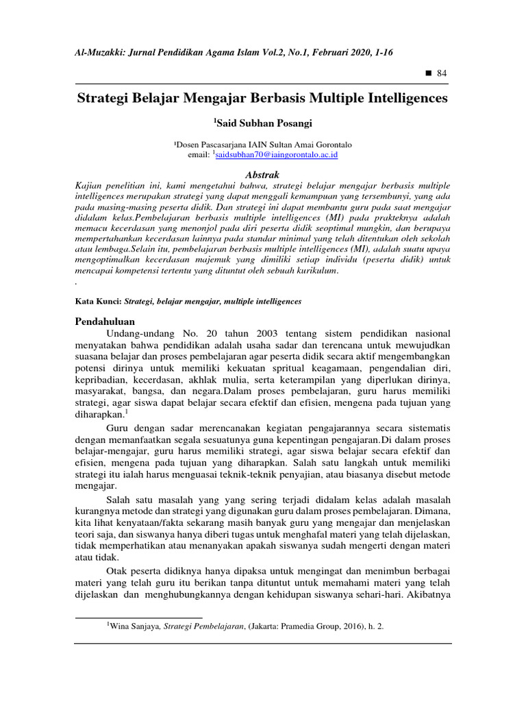 Strategi Belajar Mengajar Berbasis Multiple Intelligences Said Subhan P