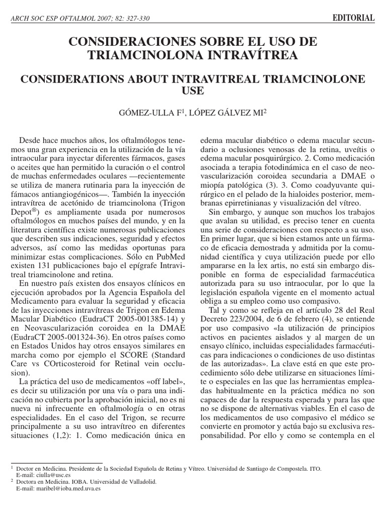 CONSIDERACIONES SOBRE EL USO DE TRIAMCINOLONA INTRAVÍTREA | PDF ...