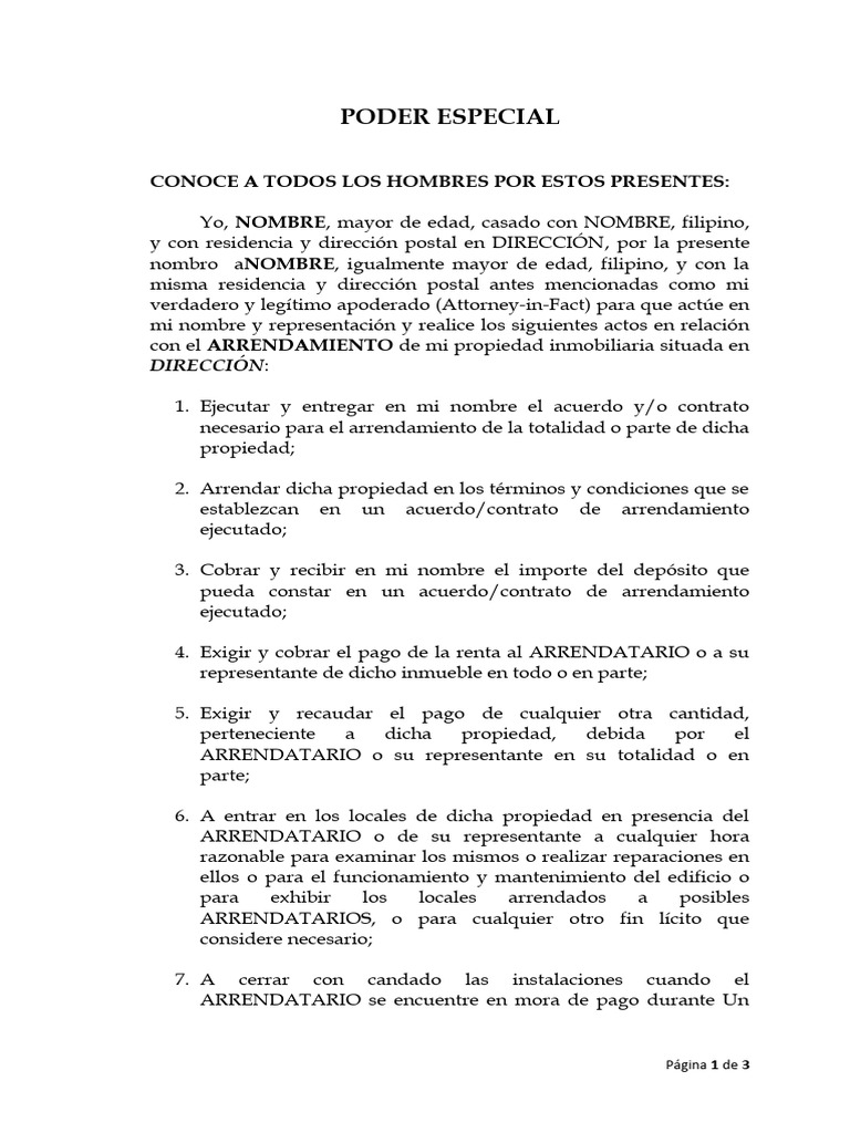 Poder Especial (Arrendamiento) | PDF | Propiedad | Ley común
