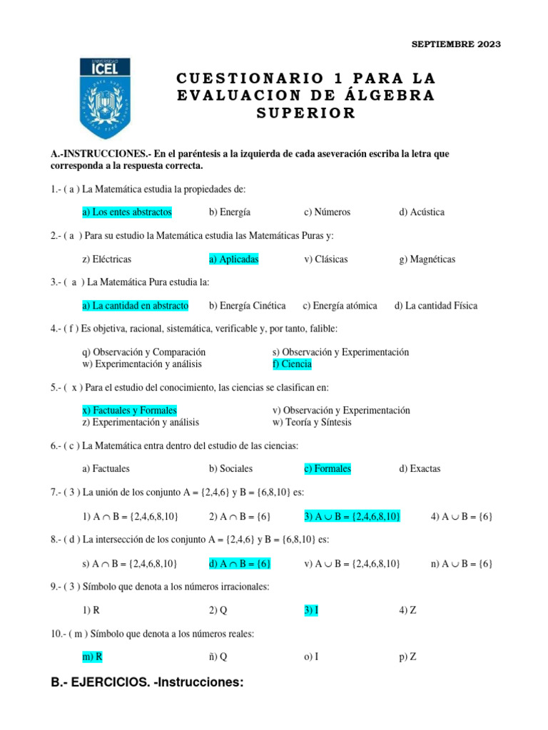 Cuestionario 1 Álgebra Superior C3-23 | PDF | Matemáticas | Álgebra