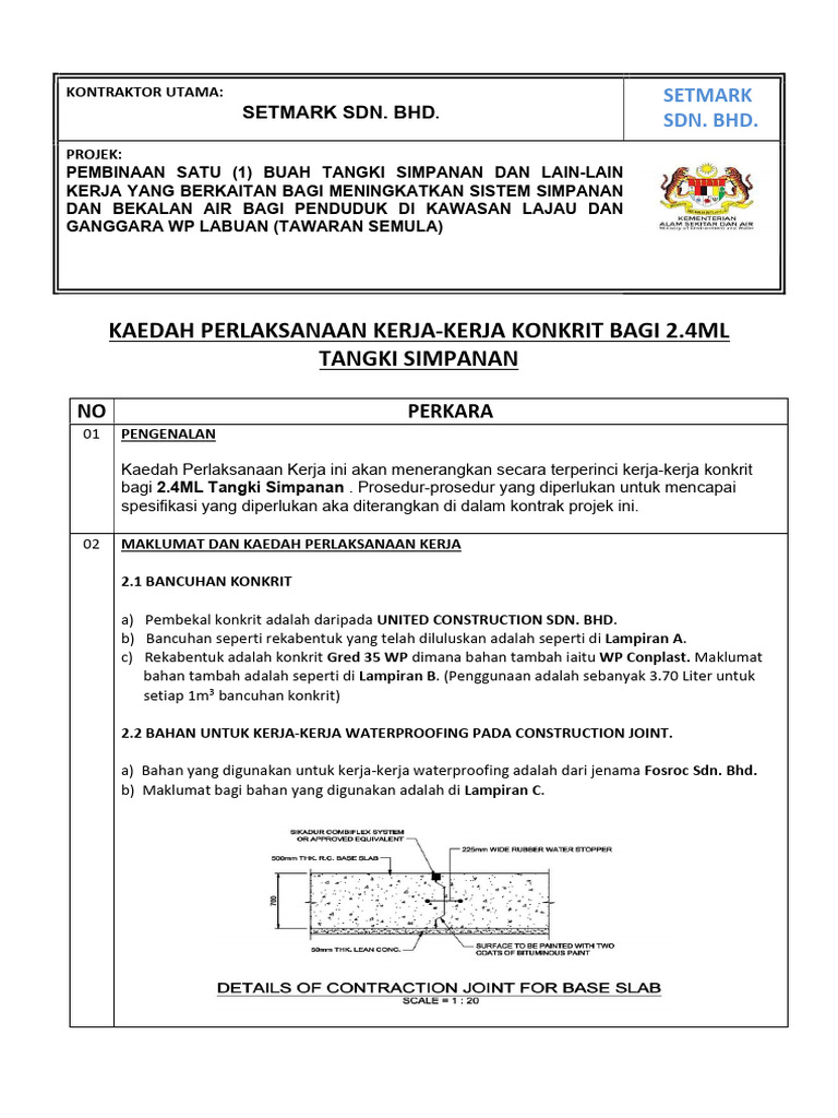 Kaedah Kerja Konkrit Tangki Simpanan 2.4ML | PDF | Home & Garden | Science & Mathematics
