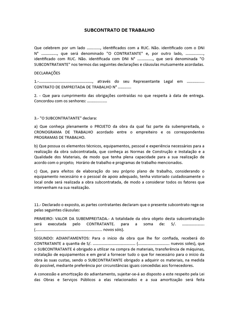 Modelo de Subcontrato de Trabalho | PDF
