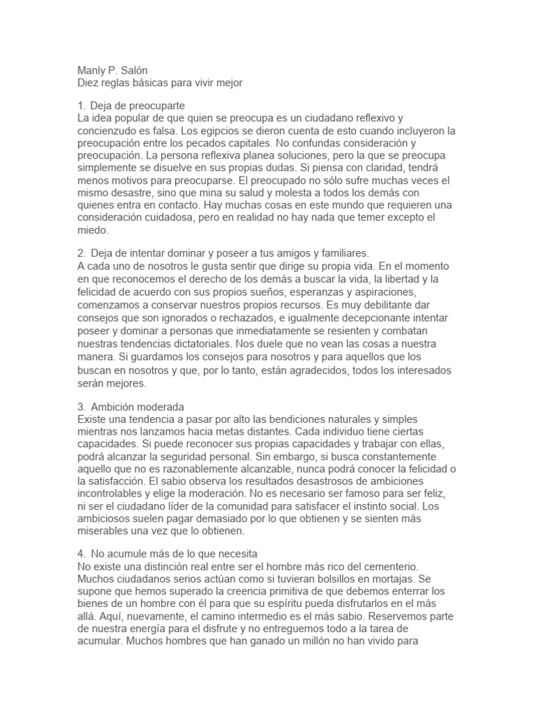 Manley P Hall-Diez Reglas Básicas para Vivir Mejor | PDF | La risa | Humor