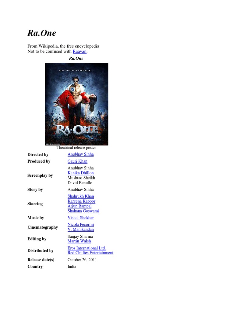 Ra One From Wikipedia The Free Encyclopedia Not To Be Confused With