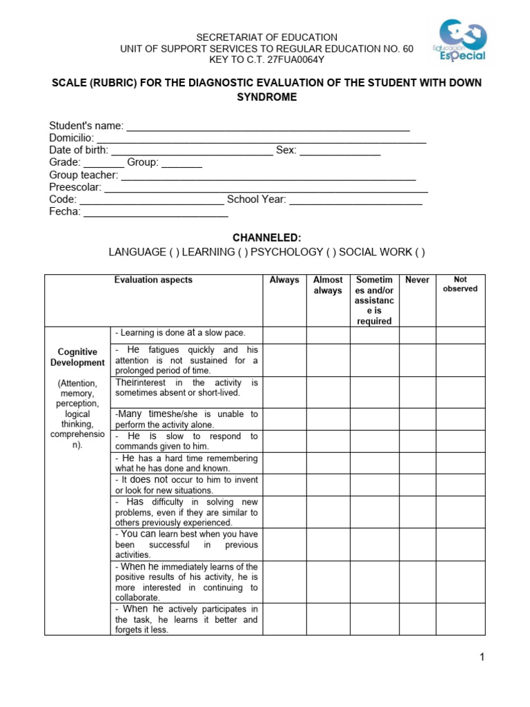 Diagnostic Evaluation Scale for Down Syndrome | PDF | Memory | Concept