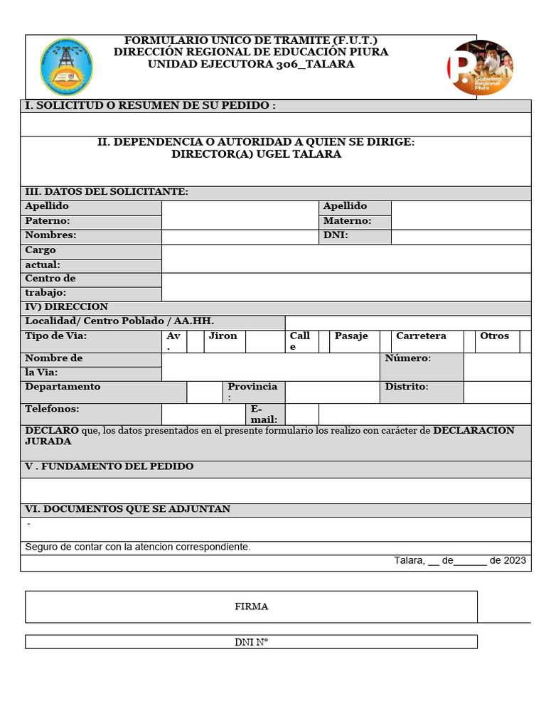 Formulario Unico de Tramite (F.U.T.) Dirección Regional de Educación ...
