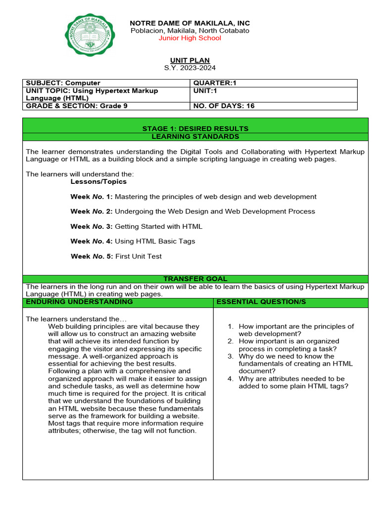 Unit Plan Quarter 1 Computer 9 | PDF | Business
