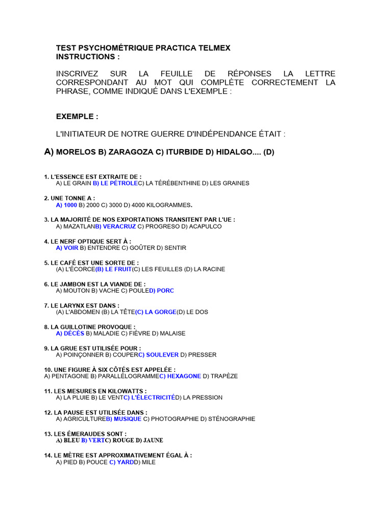 Test Psychométrique Pratique Telmex | PDF