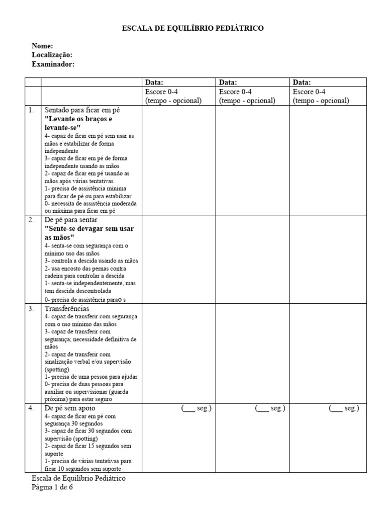Escala de Equilíbrio Pediátrico | PDF