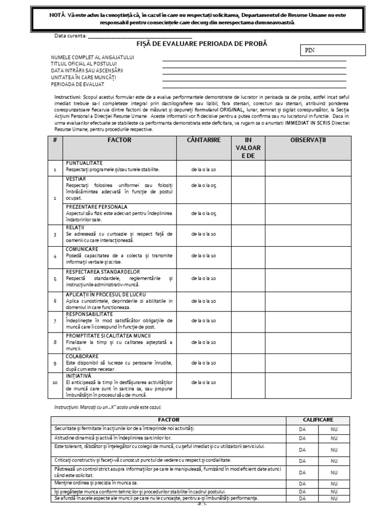 Formular de evaluare Perioada de probă | PDF