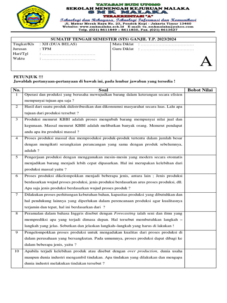 Soal UTS XII TPM | PDF