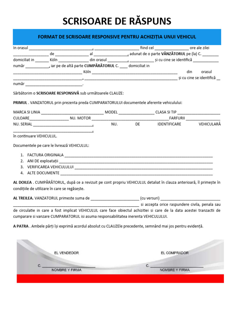 Format de Scrisoare Receptiv Pentru Cumpărarea Și Vânzarea de Vehicule ...