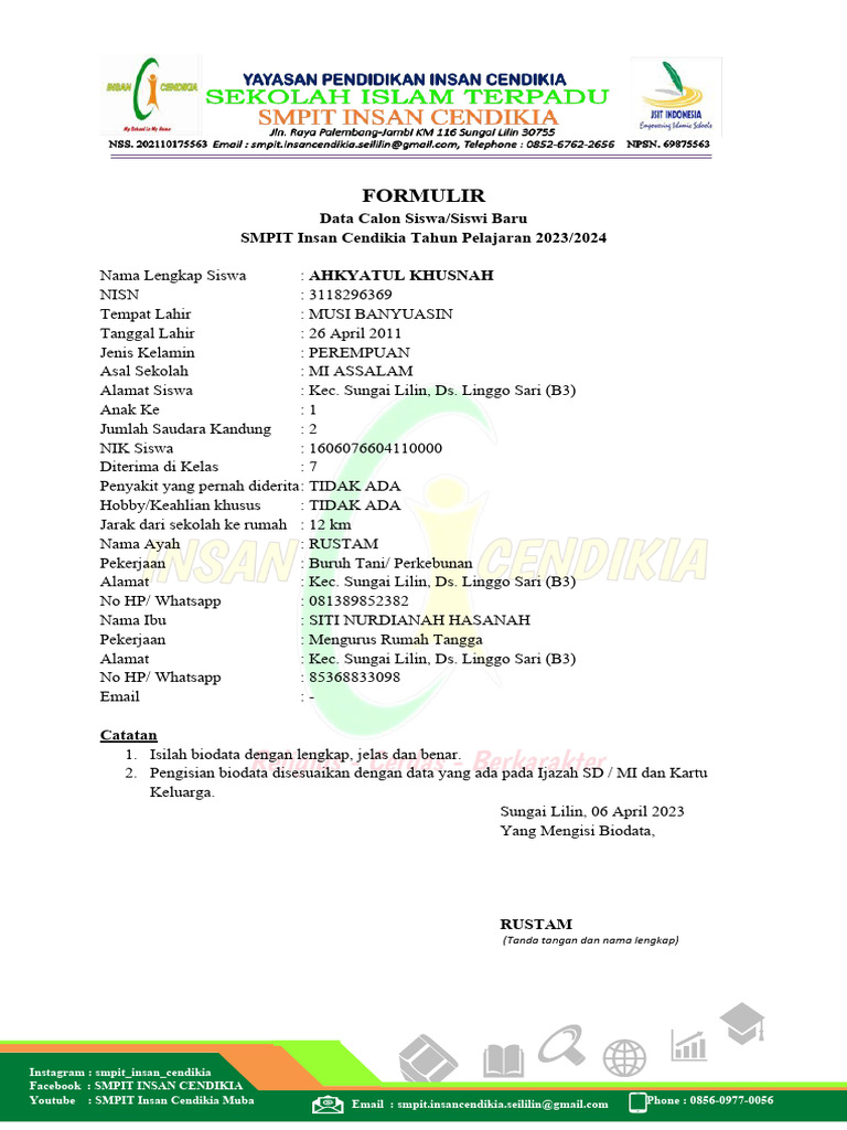 Pendaftaran Siswa Baru SMPIT 2023/2024 | PDF