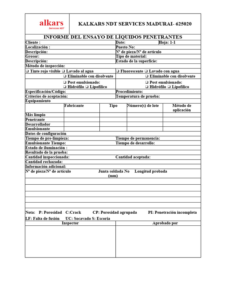 Formato de Informe de Prueba de Muestra de PT NDT | PDF | Física ...