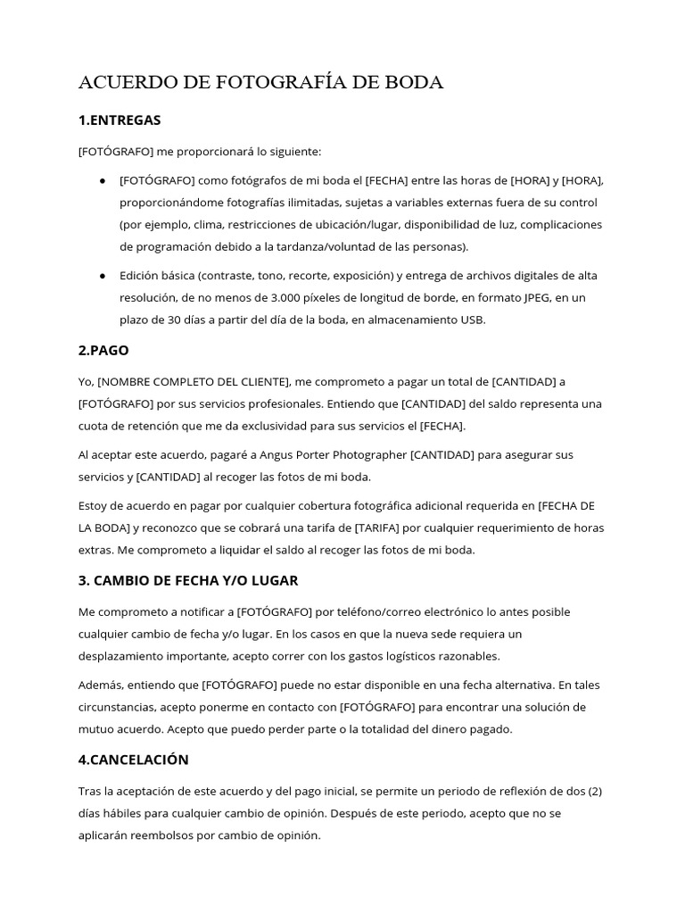 Plantilla de contrato de fotografía de bodas por Daniel Cheung | PDF | Fotógrafo | Acoso sexual