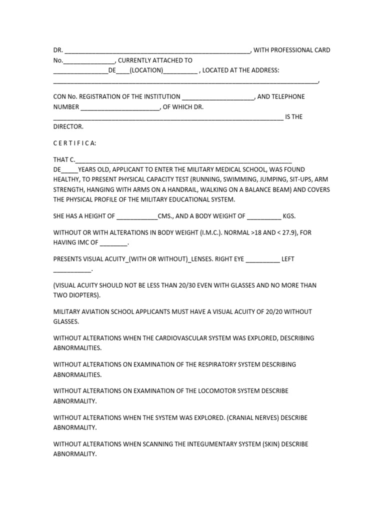 Medical Certificate [For Military Schools] | PDF