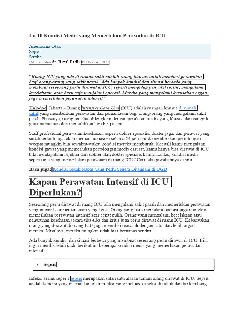 Ini 10 Kondisi Medis Yang Memerlukan Perawatan Di ICU | PDF