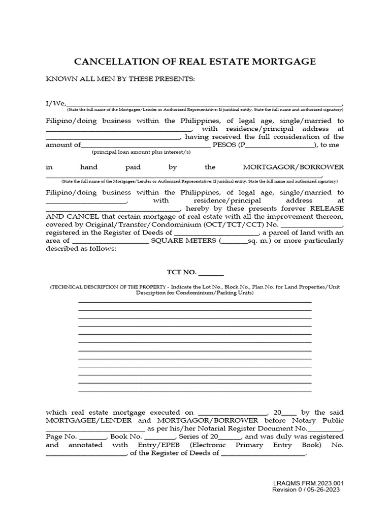 CANCELLATION OF REAL ESTATE MORTGAGE Annex A | PDF | Mortgage Law | Law ...