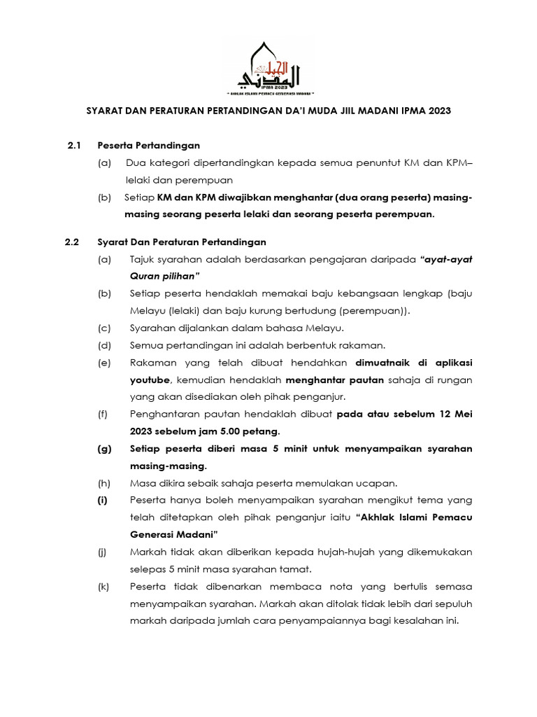 Syarat Dai Muda Jiil Madani Ipma 2023 | PDF