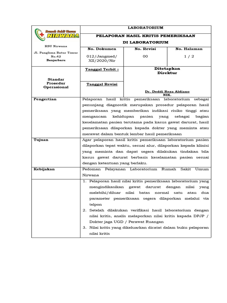 Prosedur Pelaporan Hasil Kritis Laboratorium | PDF