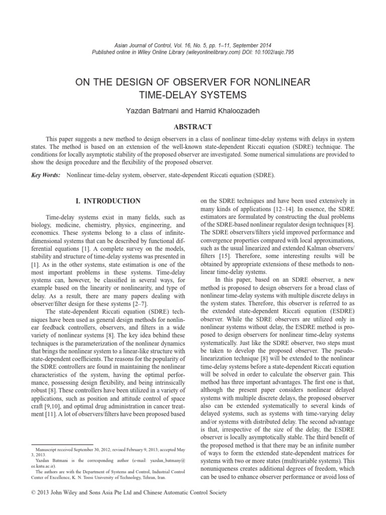 Batmani (2014) - On The Design of Observer For Nonlinear Time-Delay ... Batmani (2014) - On The Design of Observer For Nonlinear Time-Delay ...