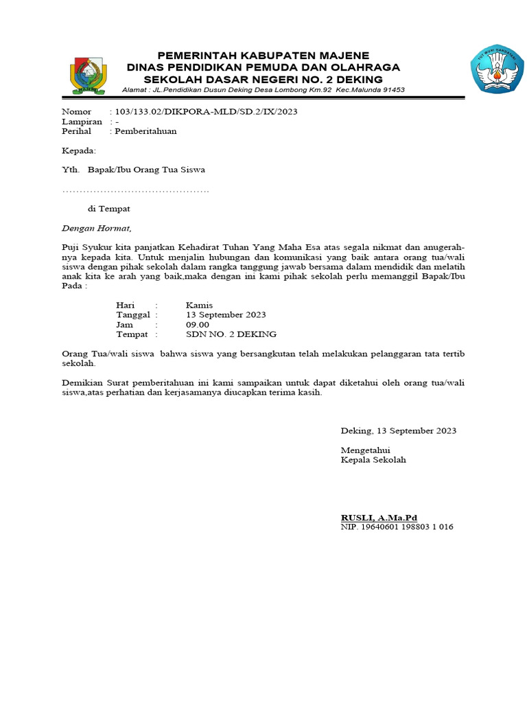 Surat Panggilan Orang Tua Siswa | PDF Surat Panggilan Orang Tua Siswa | PDF