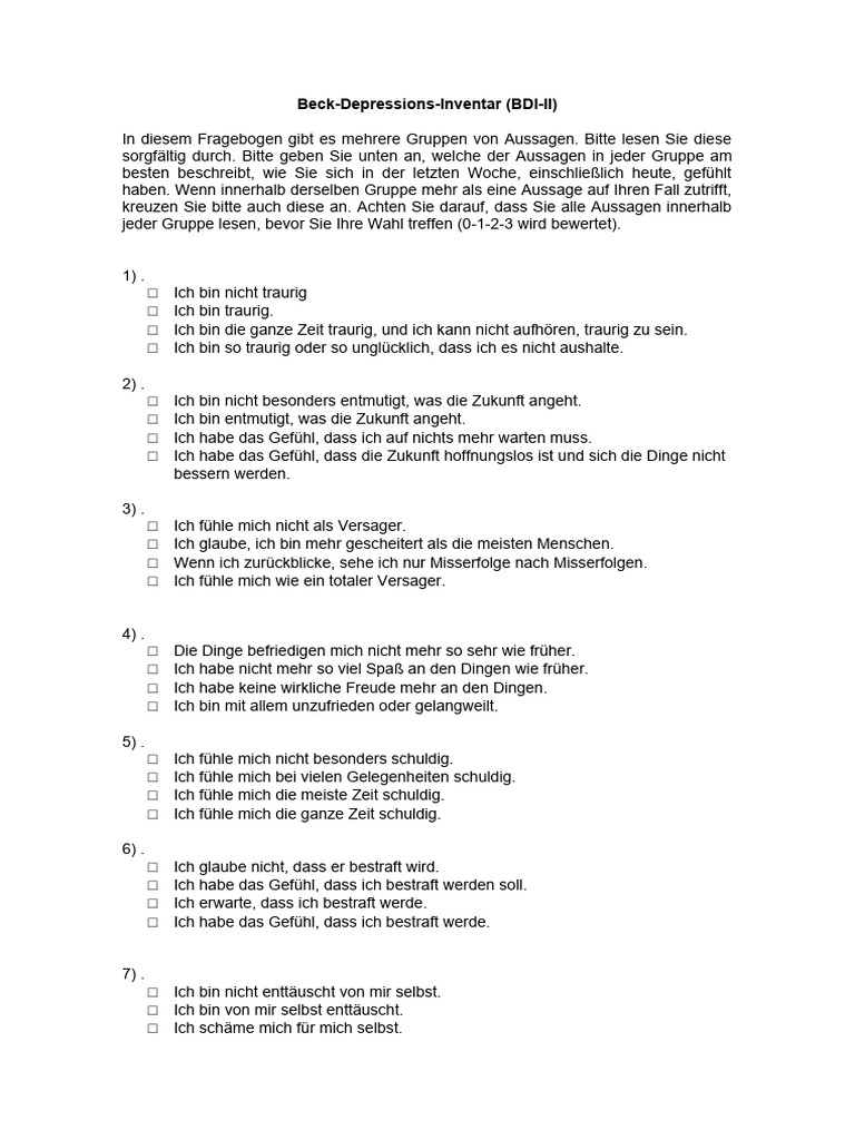 BDI-II Beck Depressionsinventar | PDF