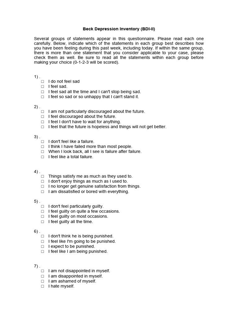 BDI-II Beck Depression Inventory | PDF | Major Depressive Disorder ...