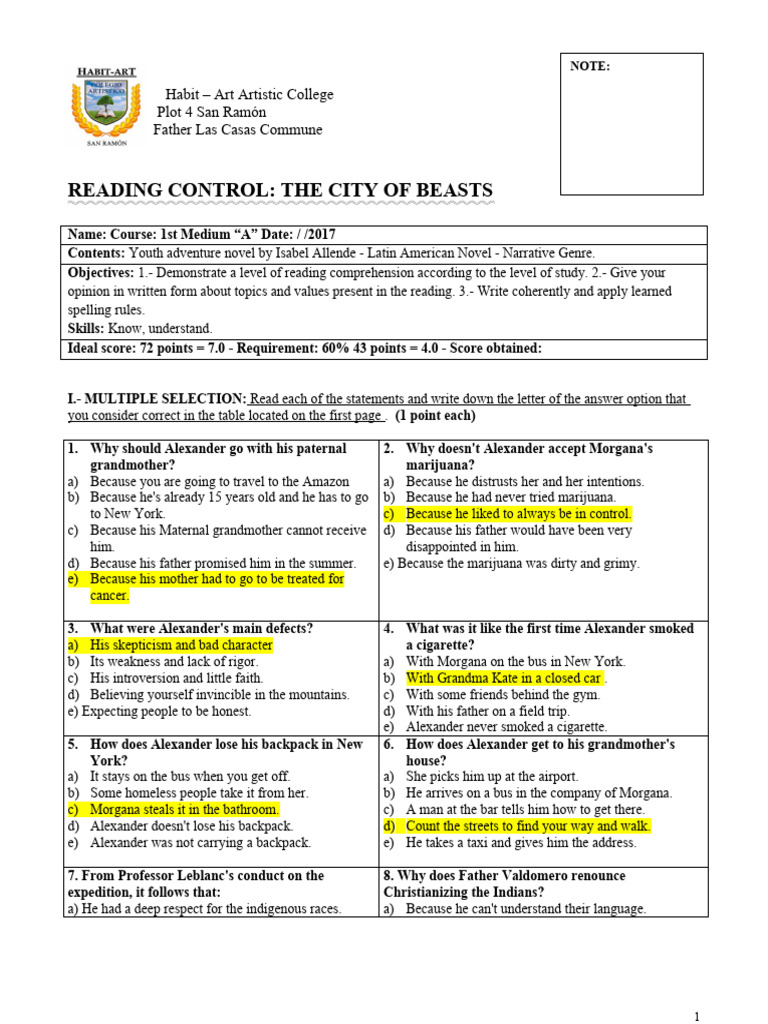 TEST City of Beasts Copy With Answers | PDF