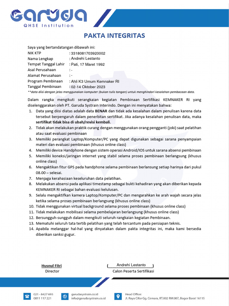 Pakta Integritas Pelatihan - PT. Garuda Systrain Interindo 2023 | PDF