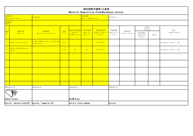 项目材料申请单+入库单 Material Requisition Form+Warehouse receipt | PDF